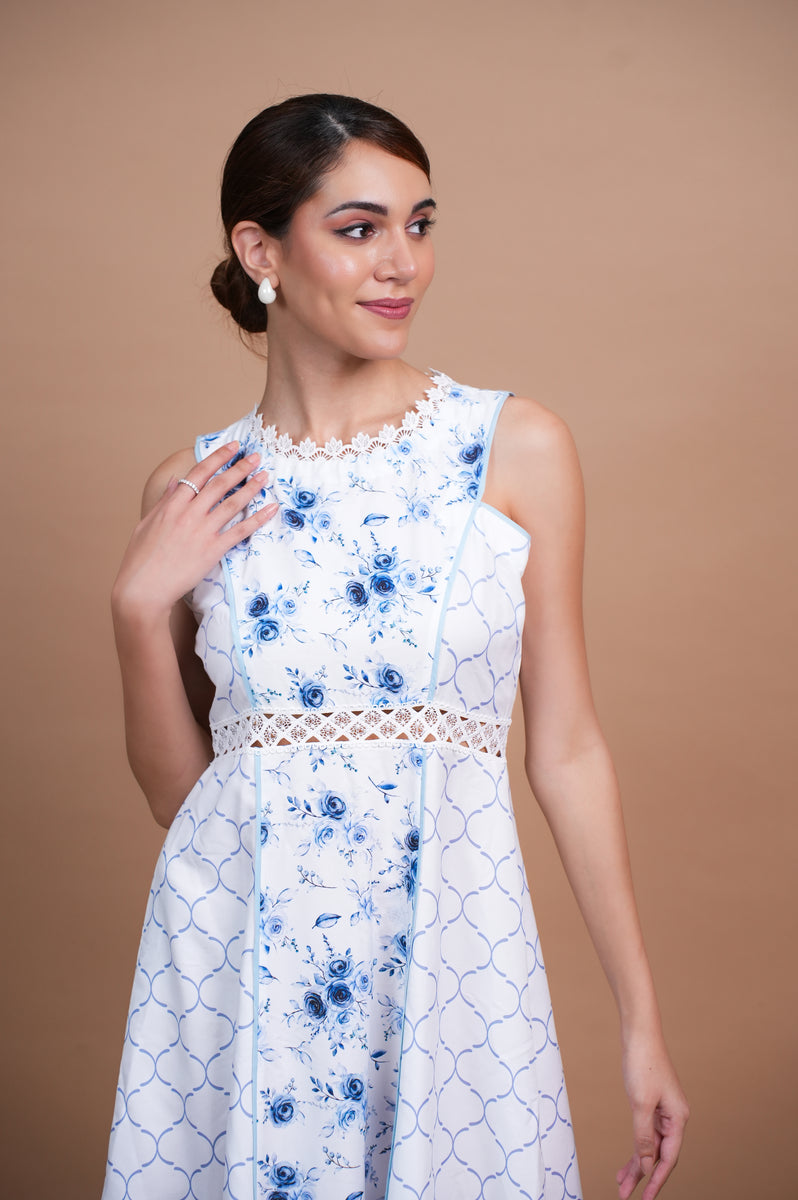 WHITE FLORAL COTTON ARINA MIDI DRESS - House of Daang