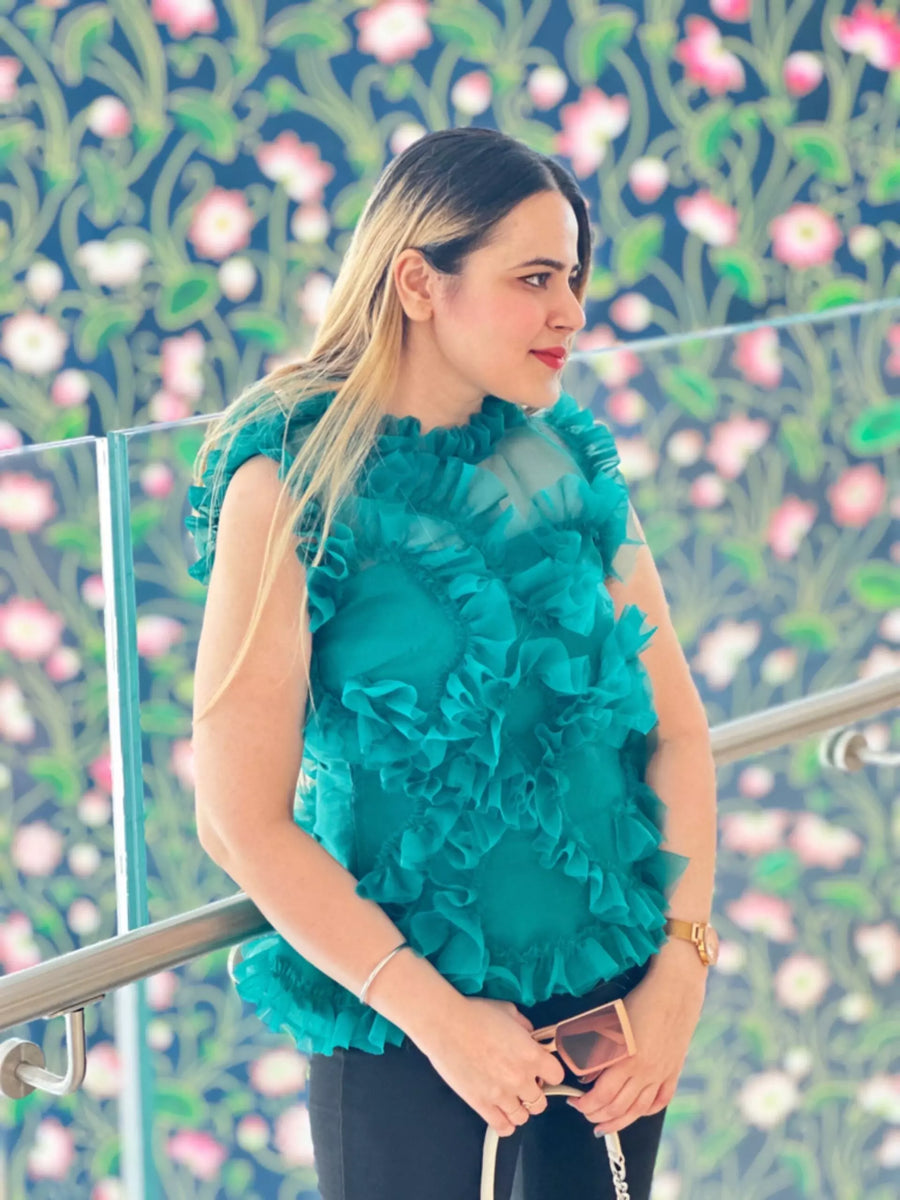 EMERALD GREEN RUFFLE ORGANZA TOP FOR WOMEN – SLEEVELESS – House of Daang