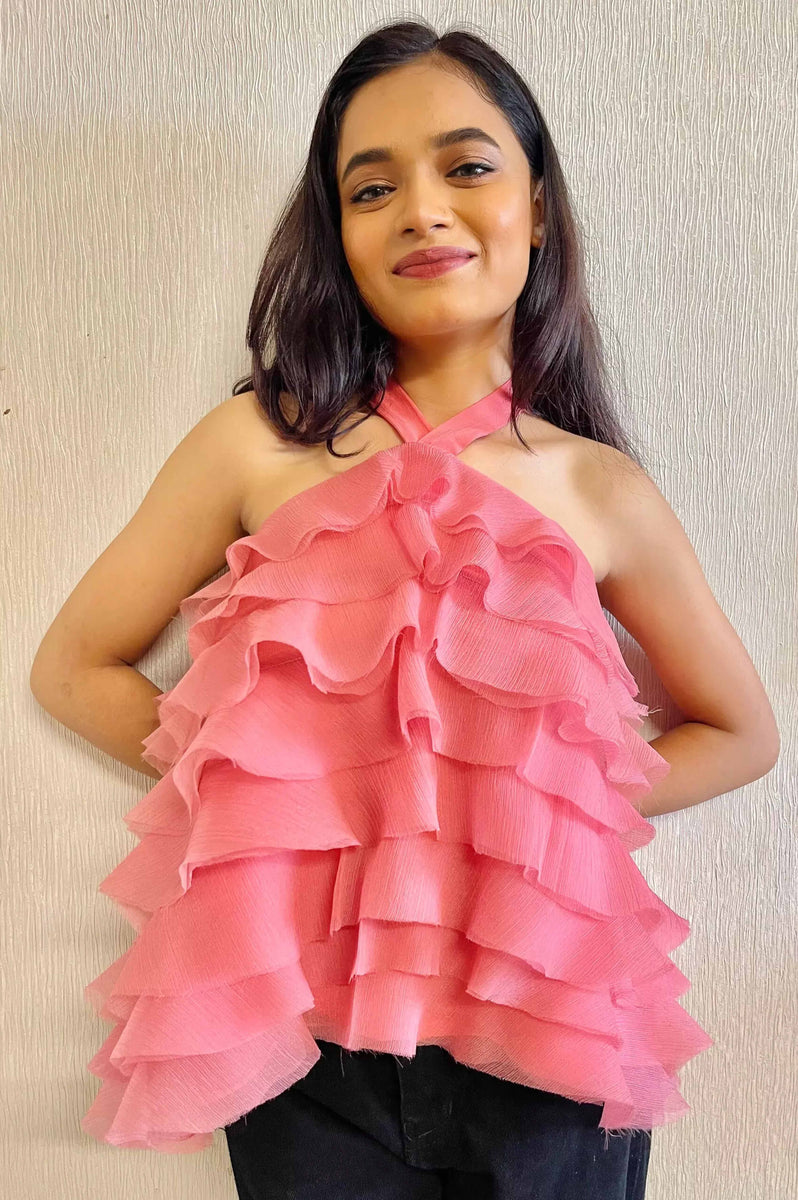 THE BELLA TOP - Pink Ruffled Halter Neck French Chiffon Top – House of ...